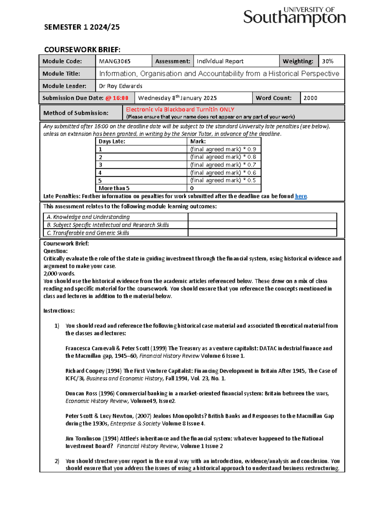 MANG3065 Individual Coursework Brief 202425 - SEMESTER 1 2024 ...