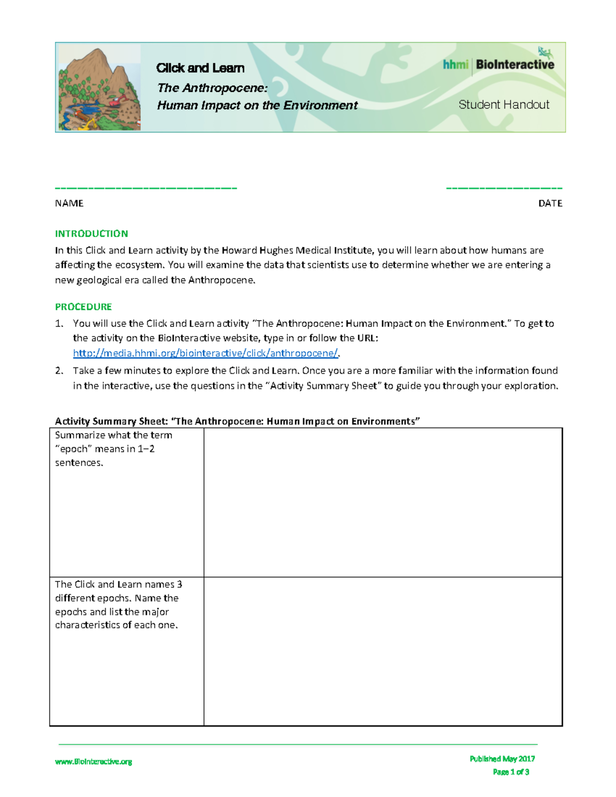 Human Impact on the Environment -student-handout 1 - BioInteractive The ...