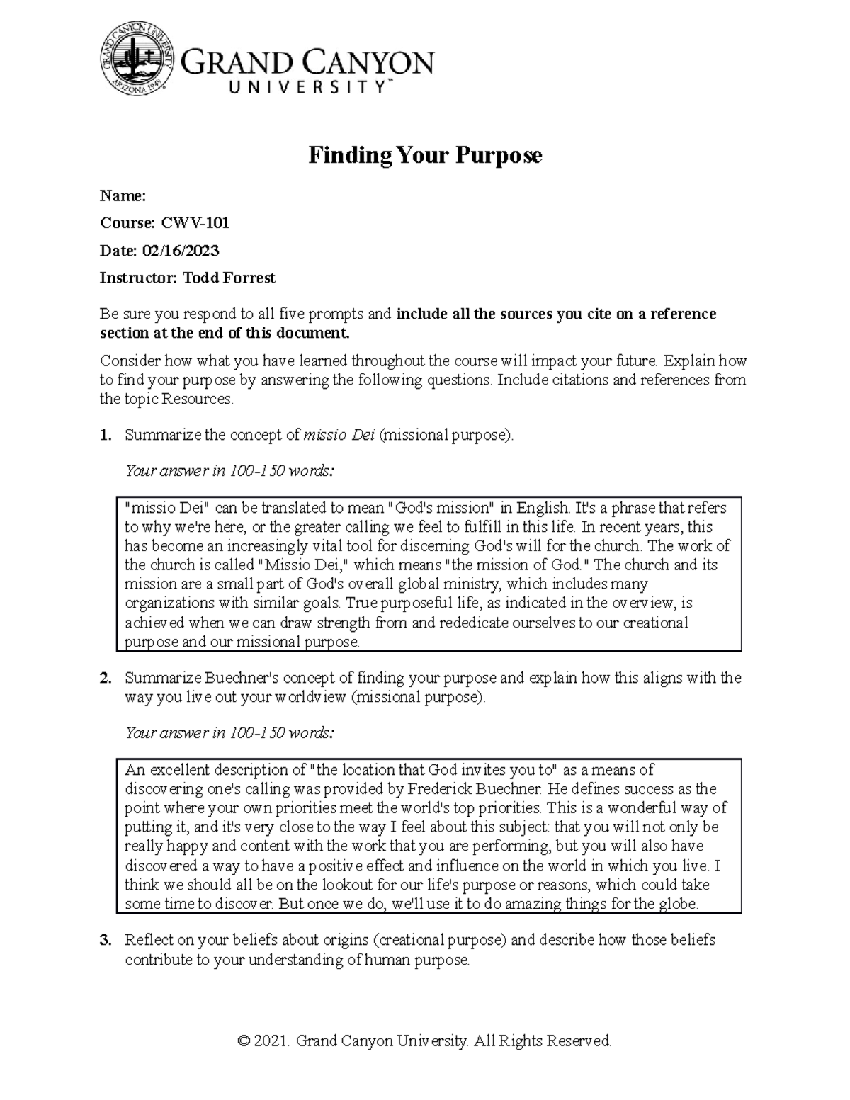 CWV-101 topic 7 assignment - Finding Your Purpose Name: Course: CWV ...