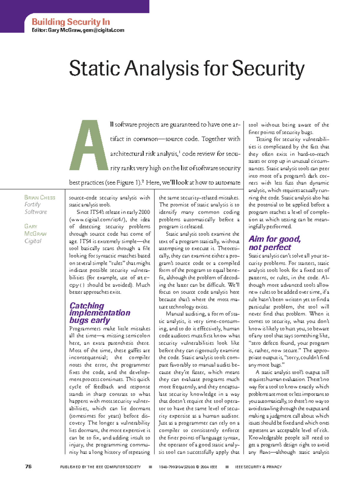 Static Analysis for Security: Best Practices and Tools - Studocu