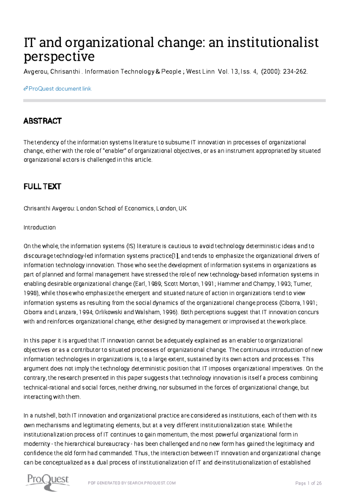 IT and Organizational Change: An Institutionalist Perspective (IT 2000 ...