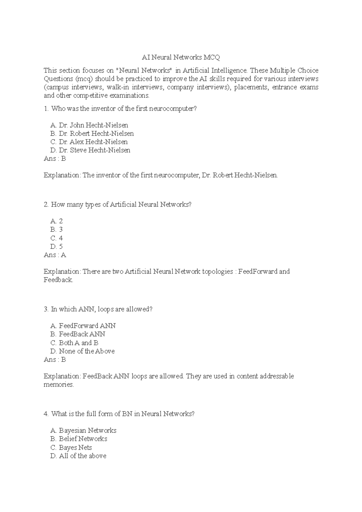 AI-ANN-Quiz: Multiple Choice Questions on Neural Networks - Studocu