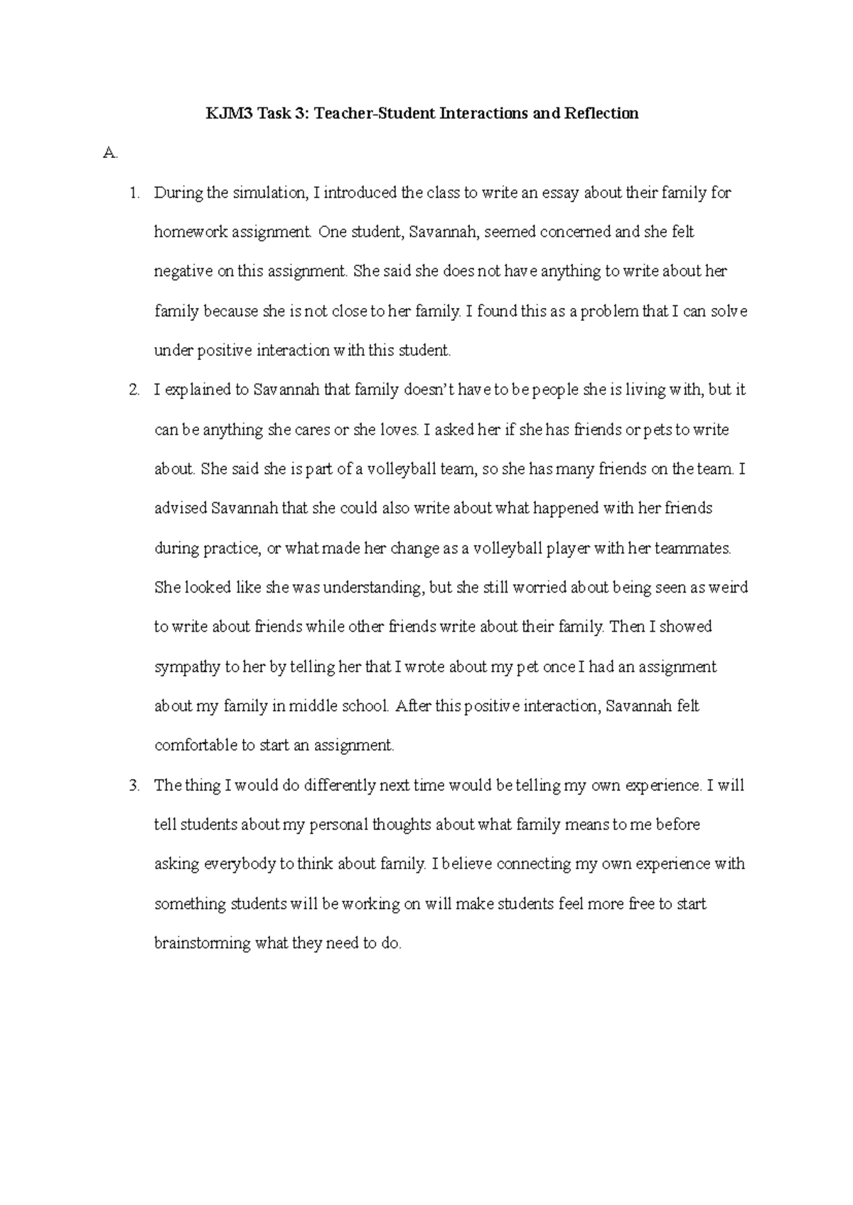 KJM3 Task 3: Reflection on Teacher-Student Interaction Strategies - Studocu