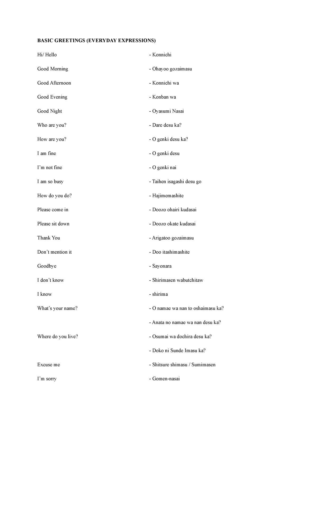 Midterm Nihongo Vocabulary: Basic Greetings & Family Terms - Studocu