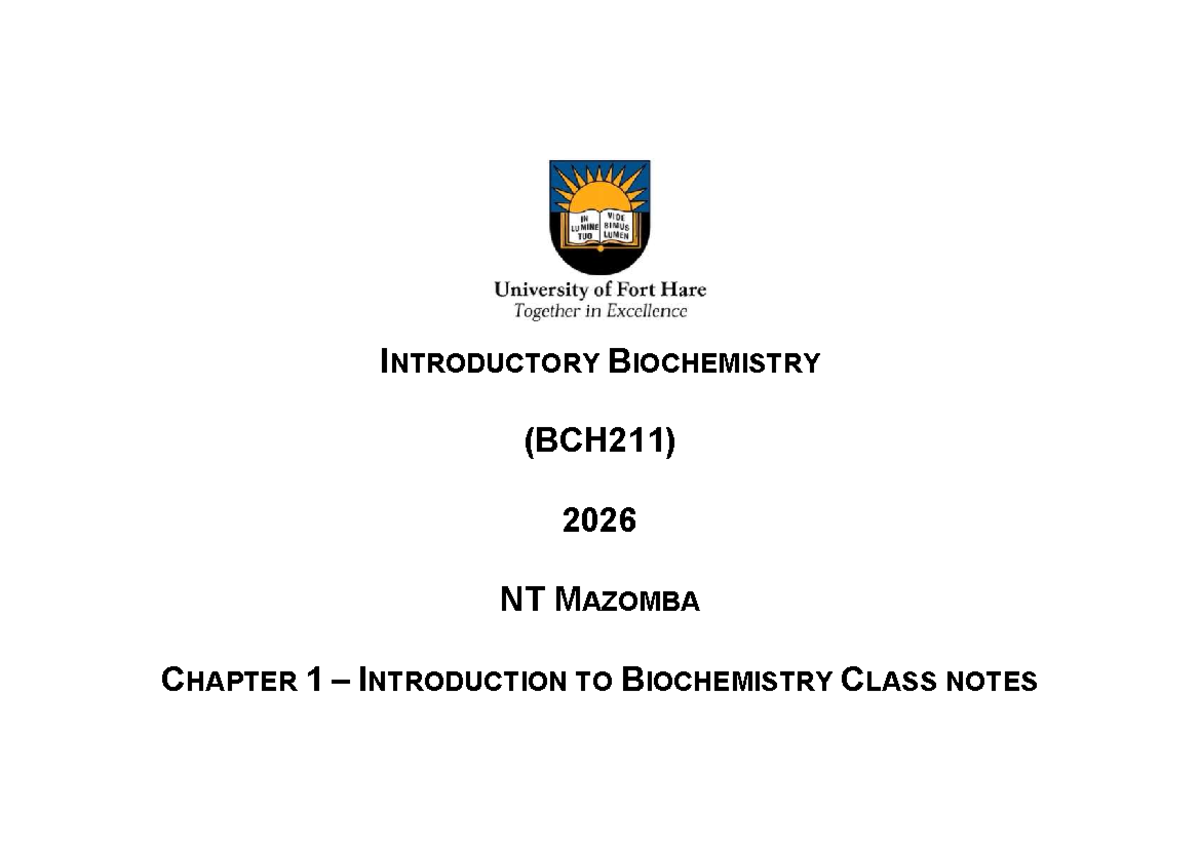 BCH211 Chapter 1: Intro to Biochemistry Class Notes - Studocu
