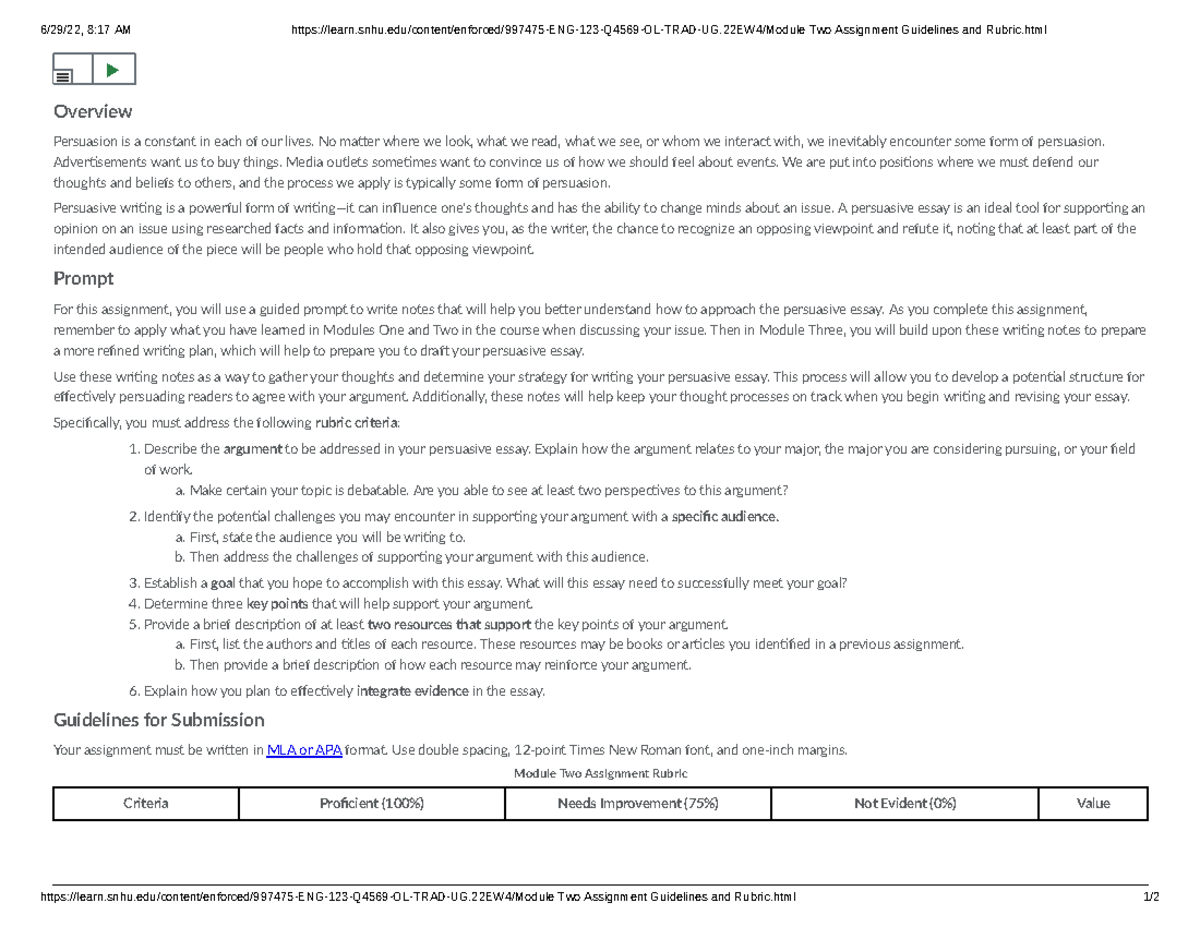 Module Two Assignment Guidelines and Rubric - 6/29/22, 8:17 AM - Studocu