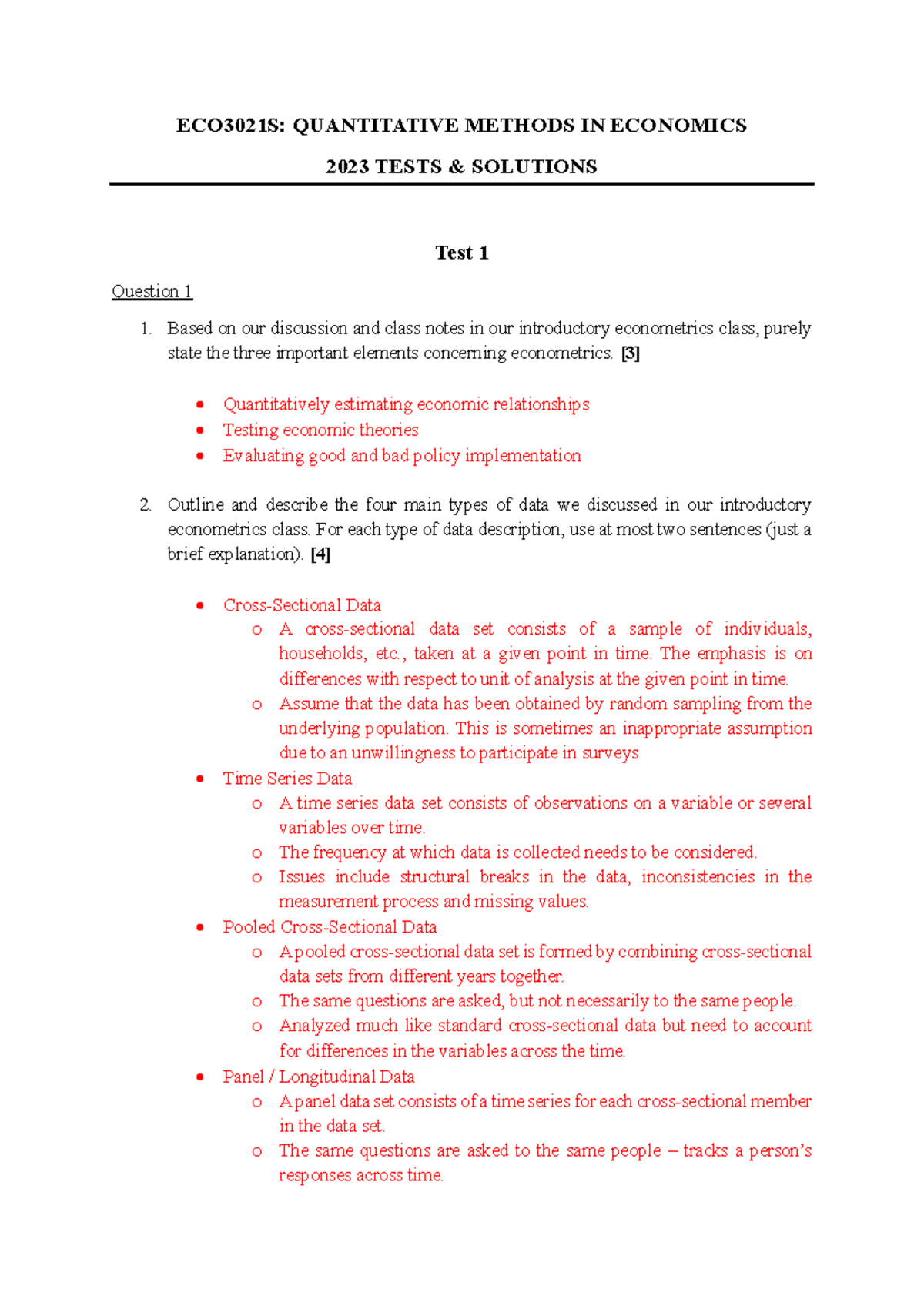 2023 Test 1 & 2 Plus Solutions - ECO3021S: QUANTITATIVE METHODS IN ...
