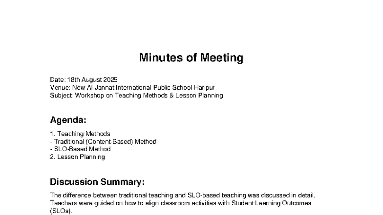 Workshop on Teaching Methods & Lesson Planning - MoM 18 Aug 2025 - Studocu