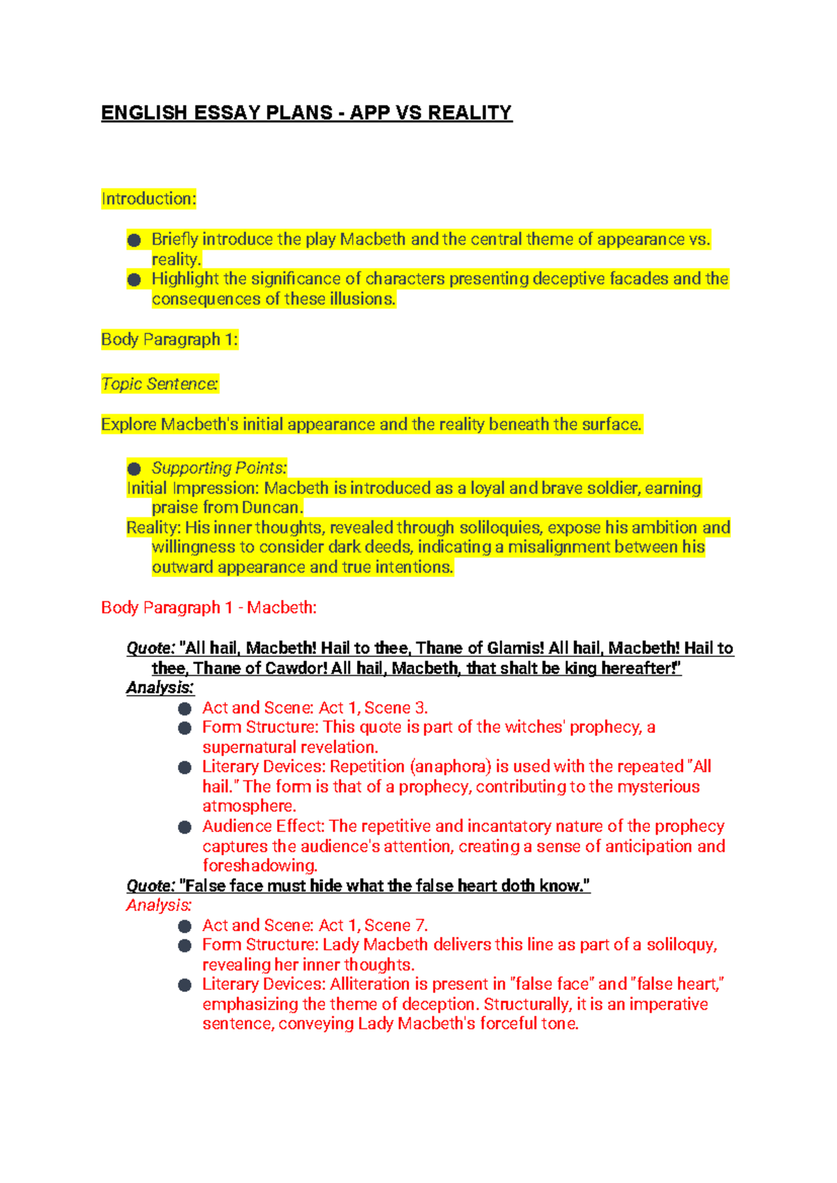 English Essay Plans: Examining Appearance vs. Reality in Macbeth - Studocu