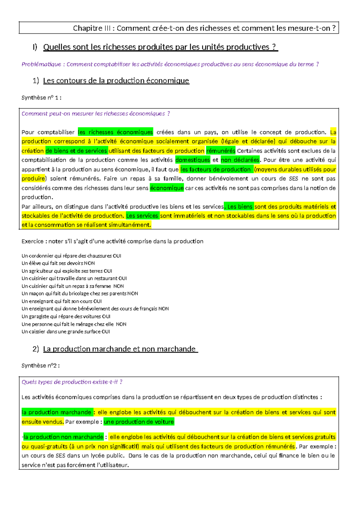 Chapitre III : Production Économique et Mesure des Richesses - Studocu