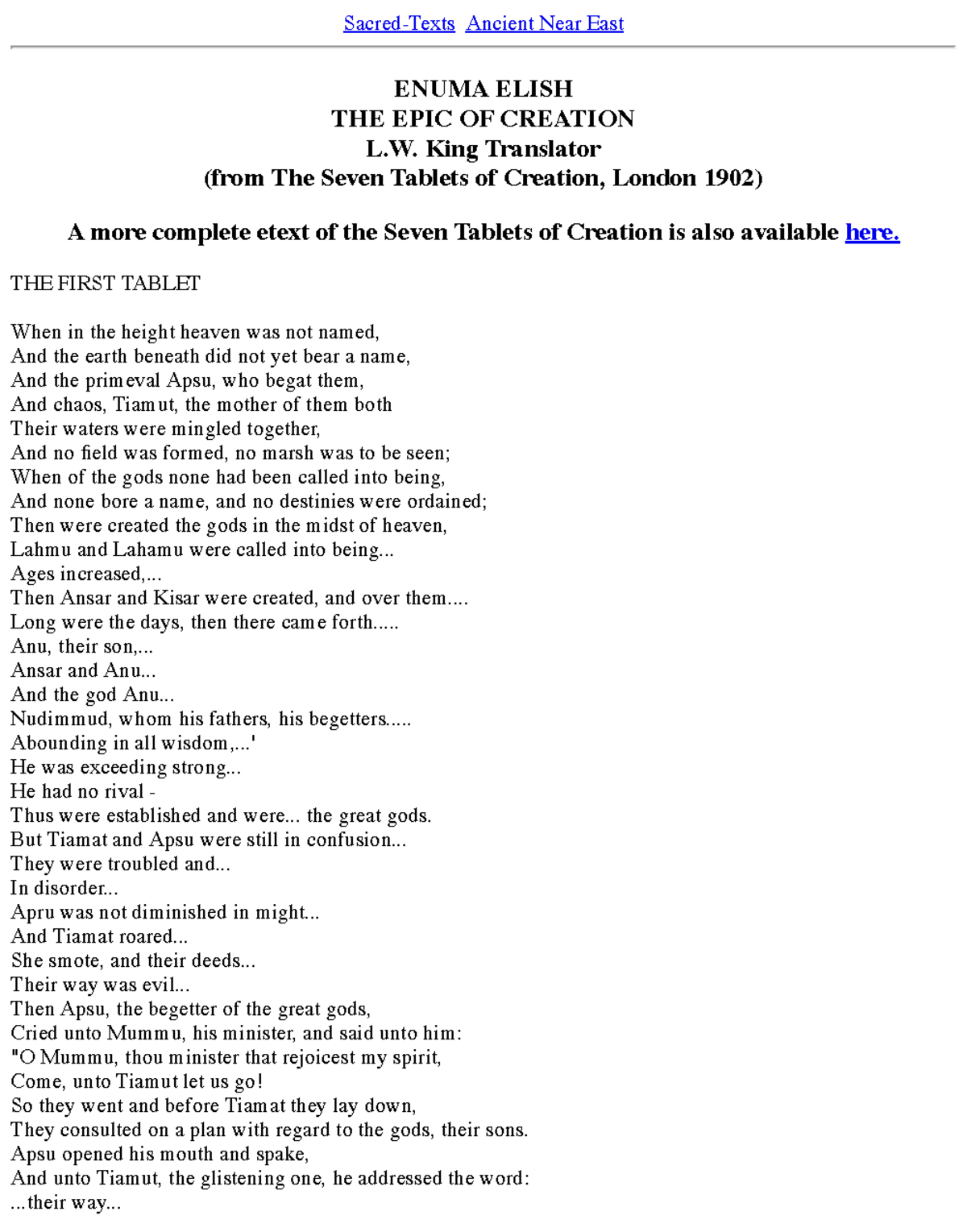 Enuma Elish: The Epic of Creation (Ancient Near East) - L.W. King - Studocu