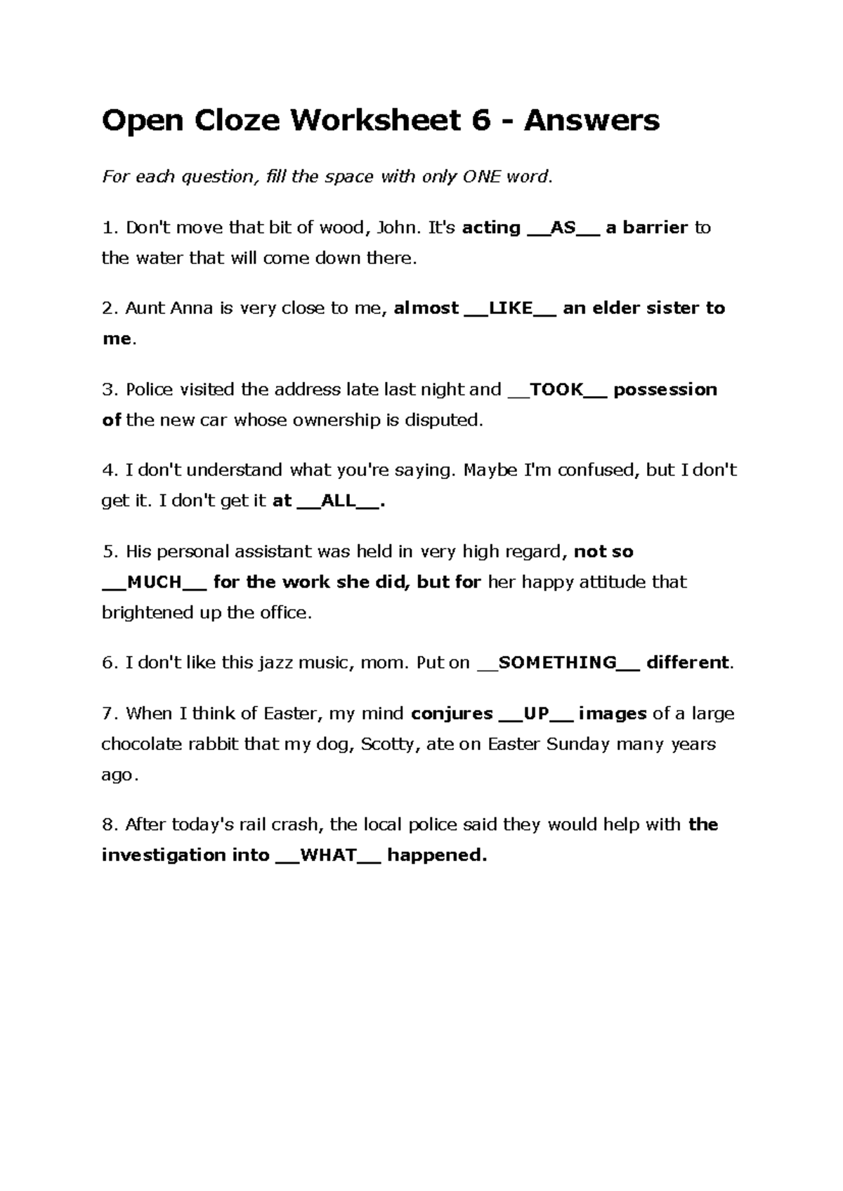 Open Cloze Worksheet 6 Answers - Key - Studocu