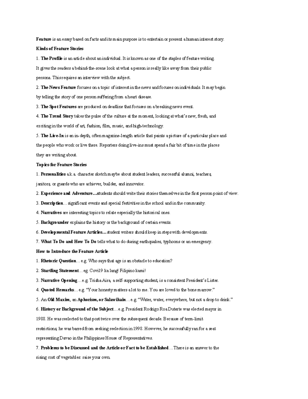 Feature Writing Techniques and Topics for ENG 101 Essay - Studocu