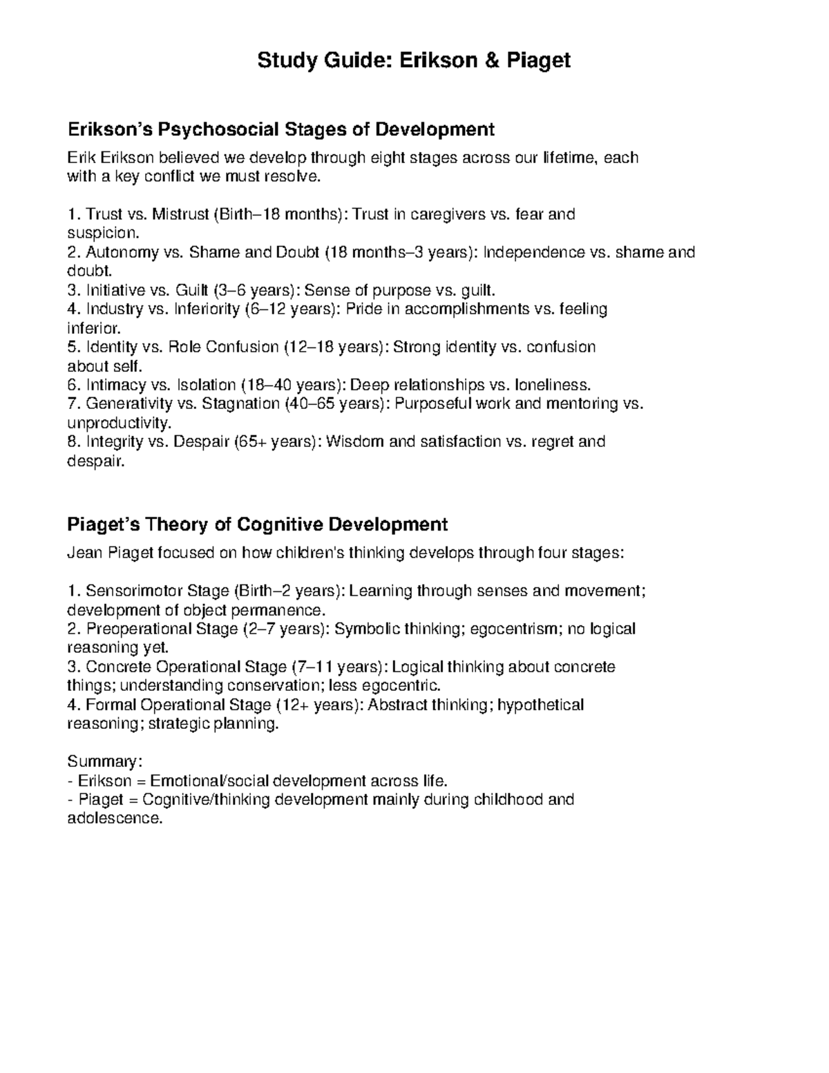 Erikson & Piaget Study Guide: Psychosocial & Cognitive Stages - Studocu