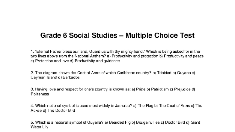Grade 6 Social Studies MC Test 1: National Symbols & History - Studocu