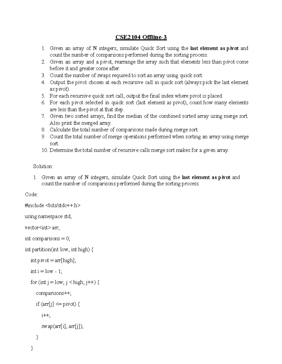 CSE2104 Quick Sort & Merge Sort Analysis: Comparisons, Swaps, and ...