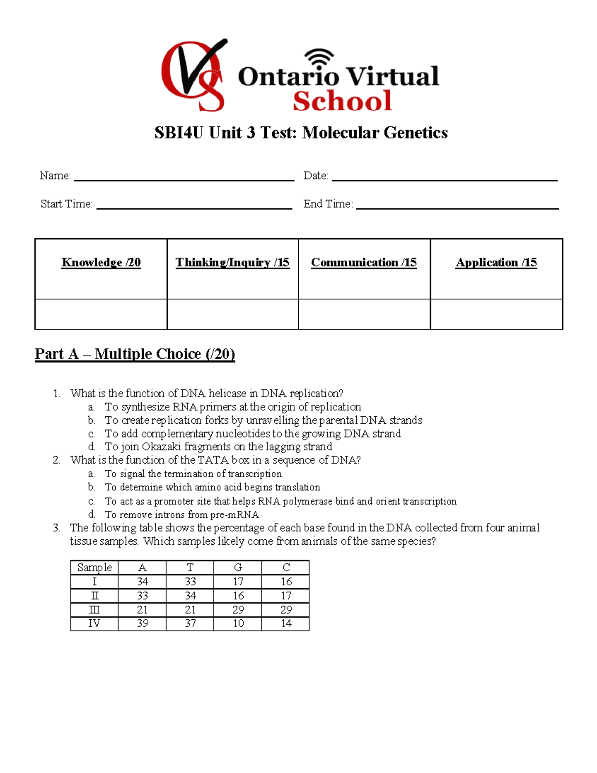SBI4U Unit 3 Test: Molecular Genetics Review and Answers - Studocu