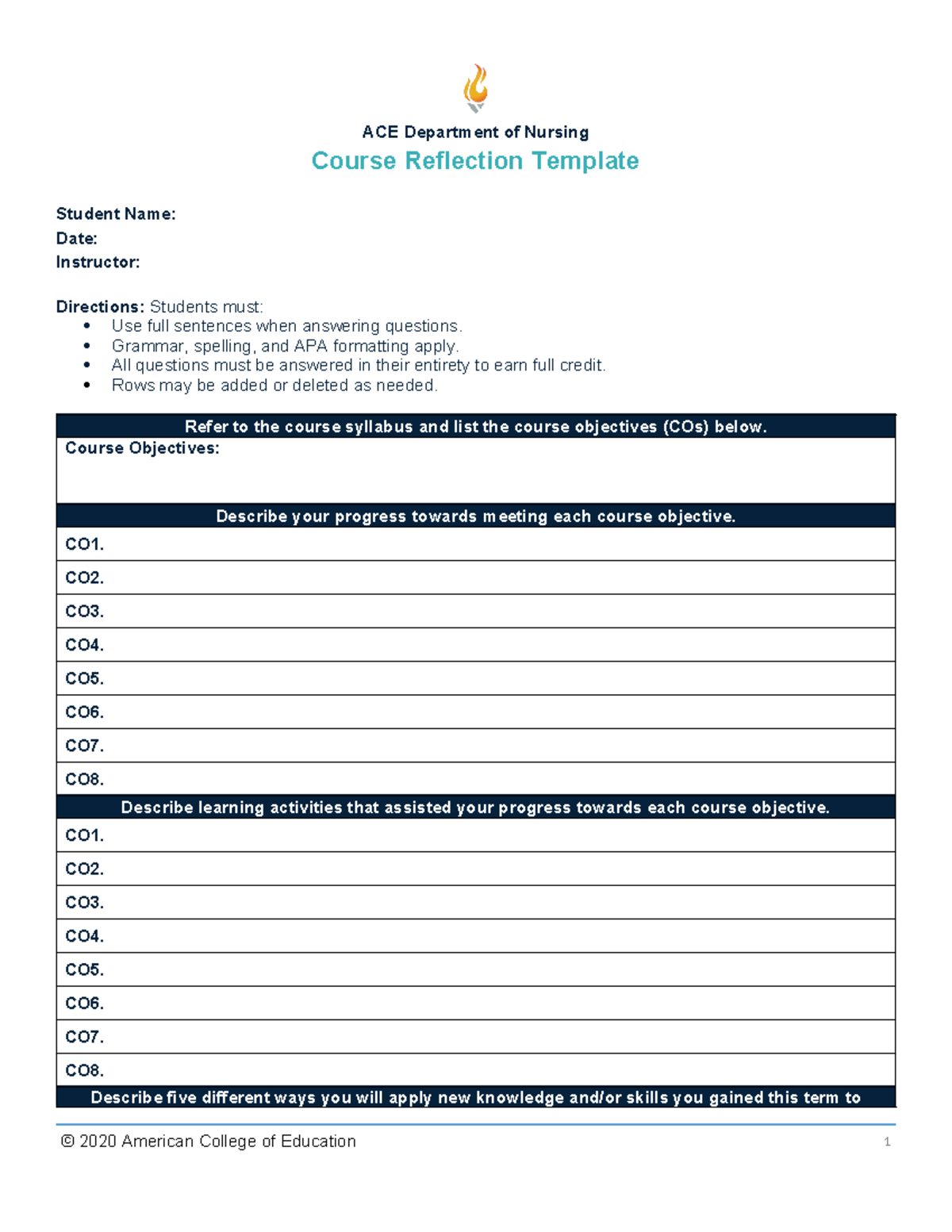 Nursing Department course-reflection template - ACE Department of ...