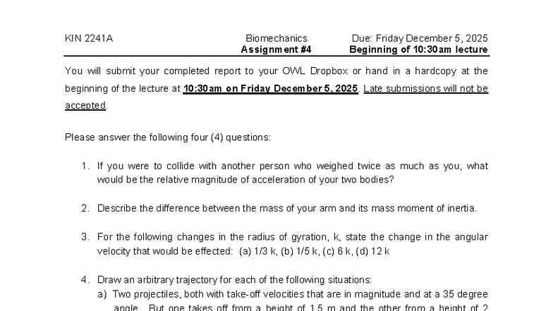 KIN 2241A Biomechanics Assignment 4: Submission Details & Questions ...