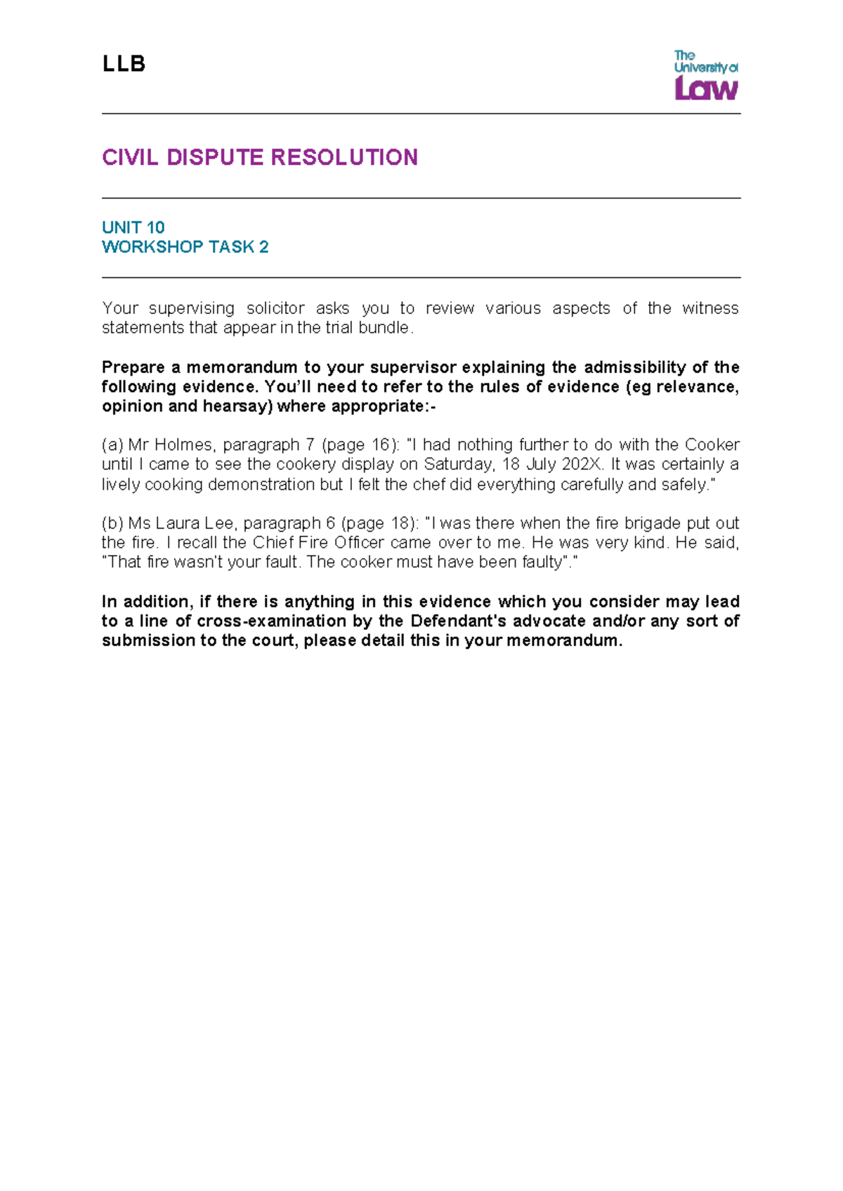 LLB CIVIL DISPUTE RESOLUTION UNIT 10 MEMO ON EVIDENCE ADMISSIBILITY ...
