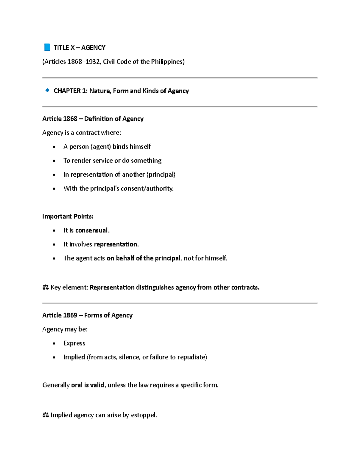 Agency - Civil Code of the Philippines (Articles 1868-1932) Summary and ...