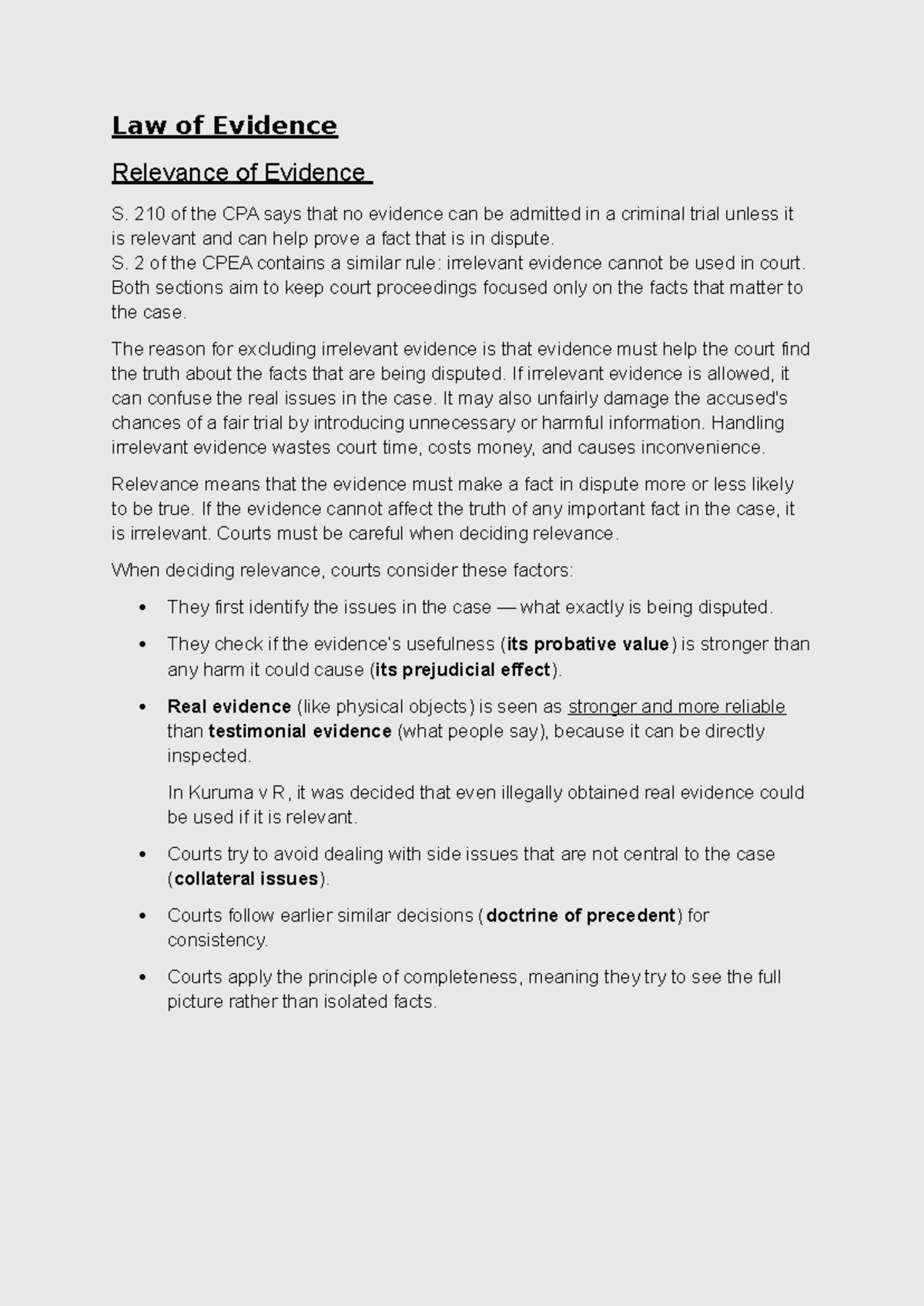 Law of Evidence Notes: Relevance and Admissibility of Evidence - Studocu