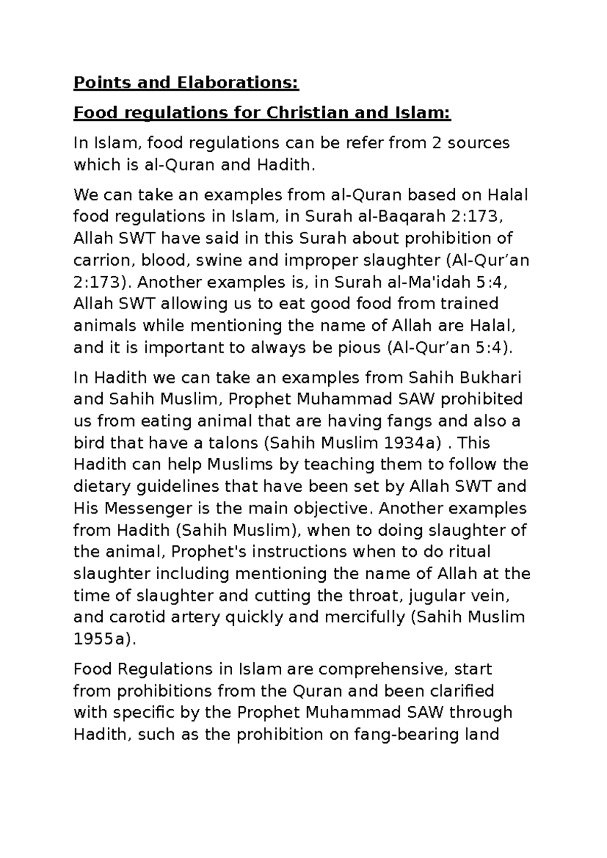 Food Regulations in Islam: Halal Guidelines from Quran & Hadith - Studocu