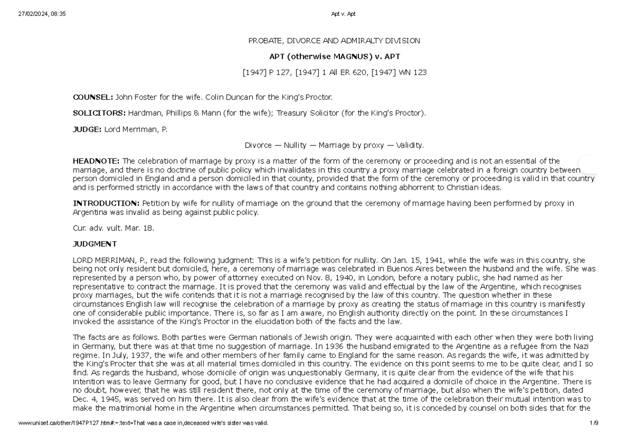 APT v. APT - Case Summary on Proxy Marriage Validity [1947] P 127 - Studocu