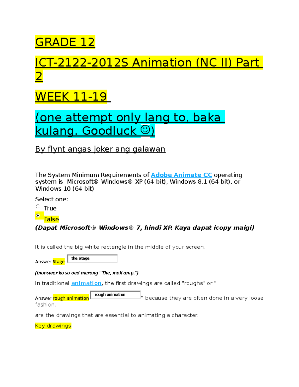 Grade 12 ICT-2122-2012 S Animation (NC II) Part 2 Week 11-19 Review ...