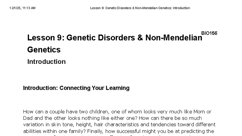 Lesson 9: Genetic Disorders & Non-Mendelian Genetics (BIO156) - Studocu