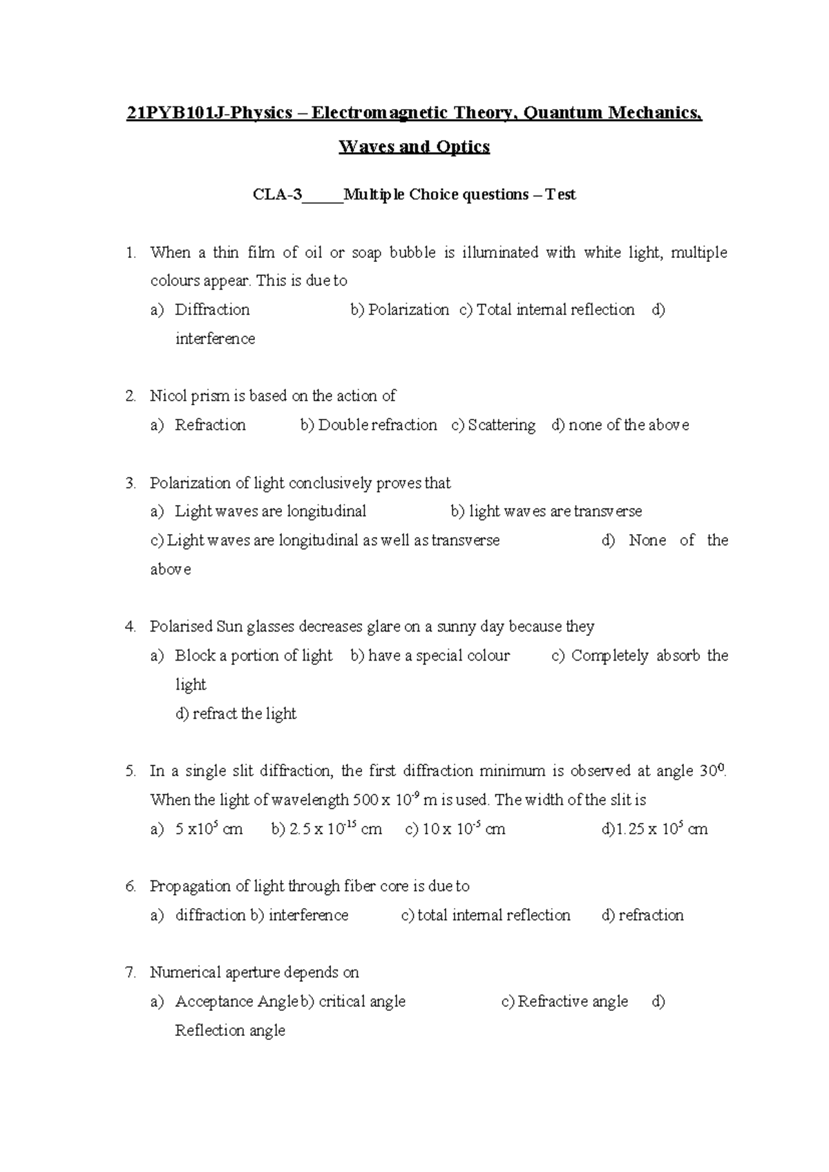 CLA-3 21PYB101J Physics Multiple Choice Questions Test - Studocu