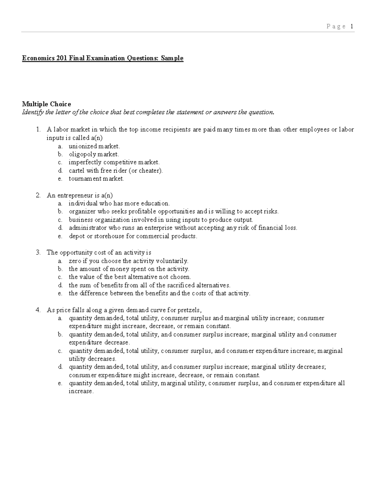 Economics 201 - Sample Final Exam Questions Review - Studocu