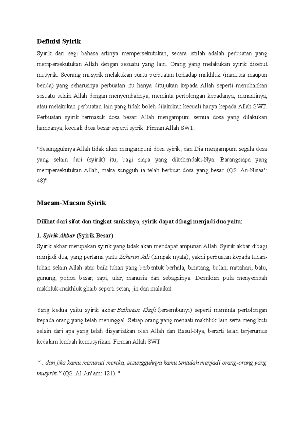 Aqidah - Syirik: Pemahaman dan Klasifikasi Perbuatan Syirik - Studocu