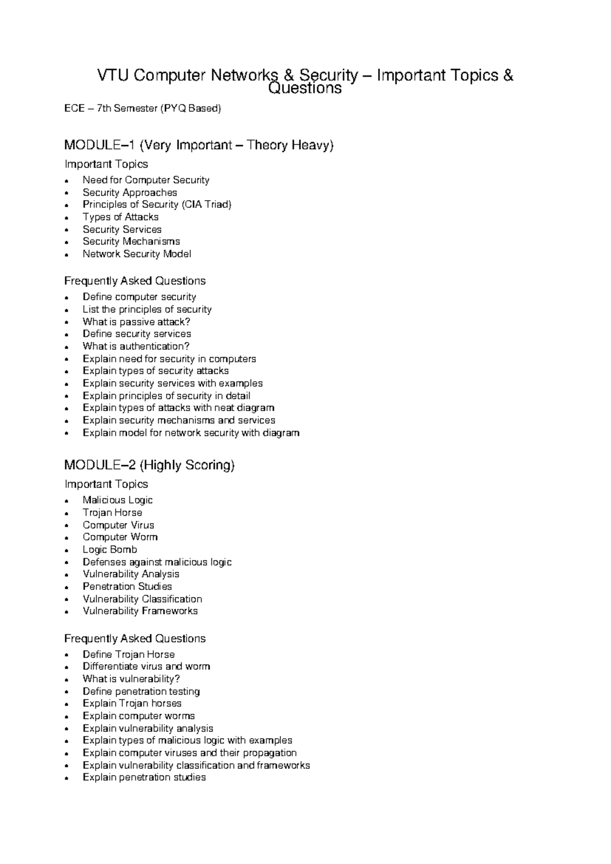 VTU CNS Important Topics for Computer Networks Security (PYQ) - Studocu