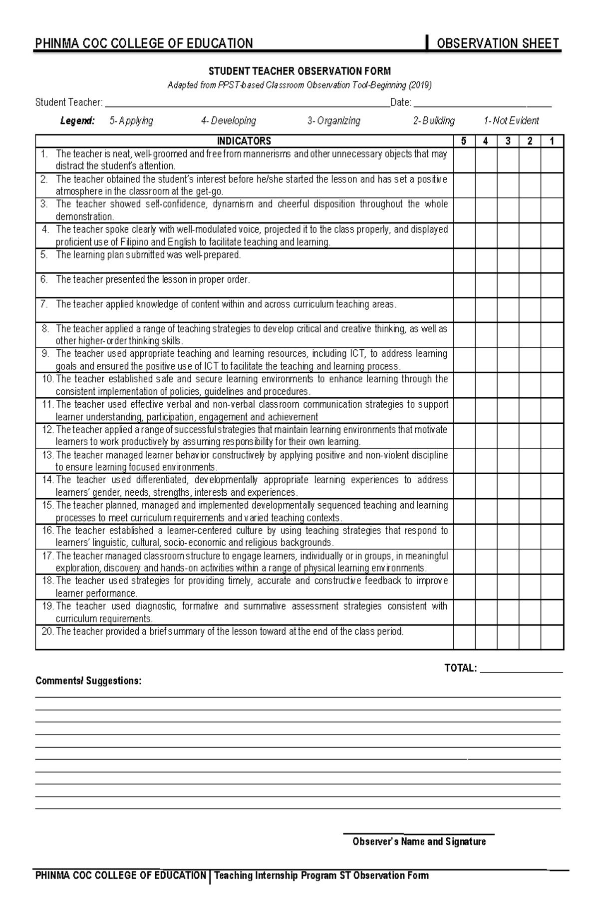 Copy of Copy of 10 Student Teacher Observation Form updated - PHINMA ...