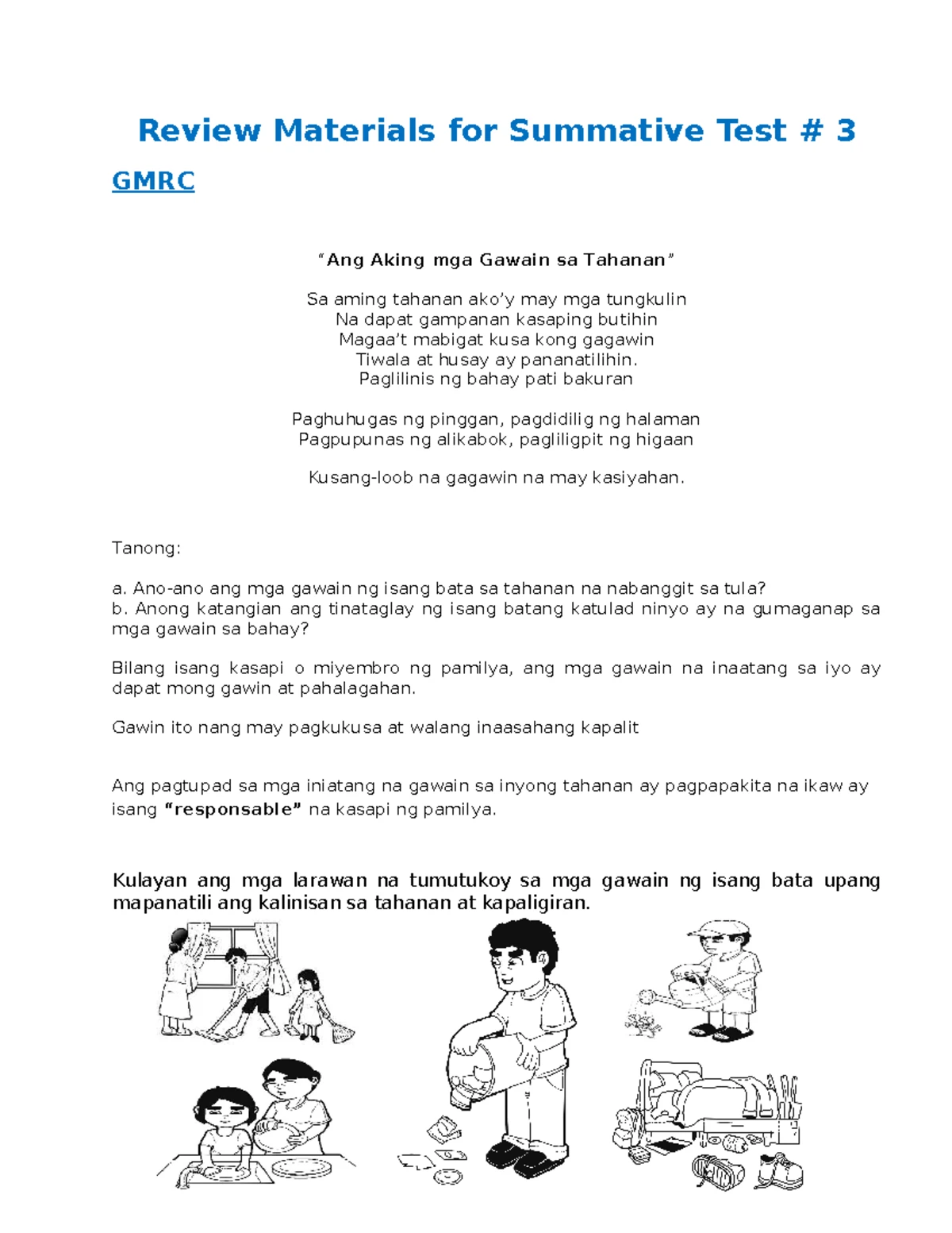 REVIEW MATERIALS FOR SUMMATIVE TEST IN MATH, GMRC, ENGLISH, & SCIENCE ...