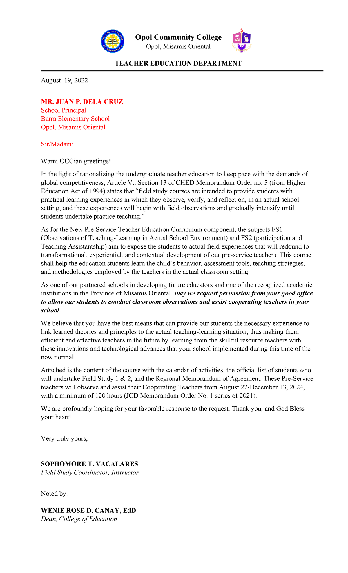 Field Study Request Letter - Opol Community College TE Education - Studocu