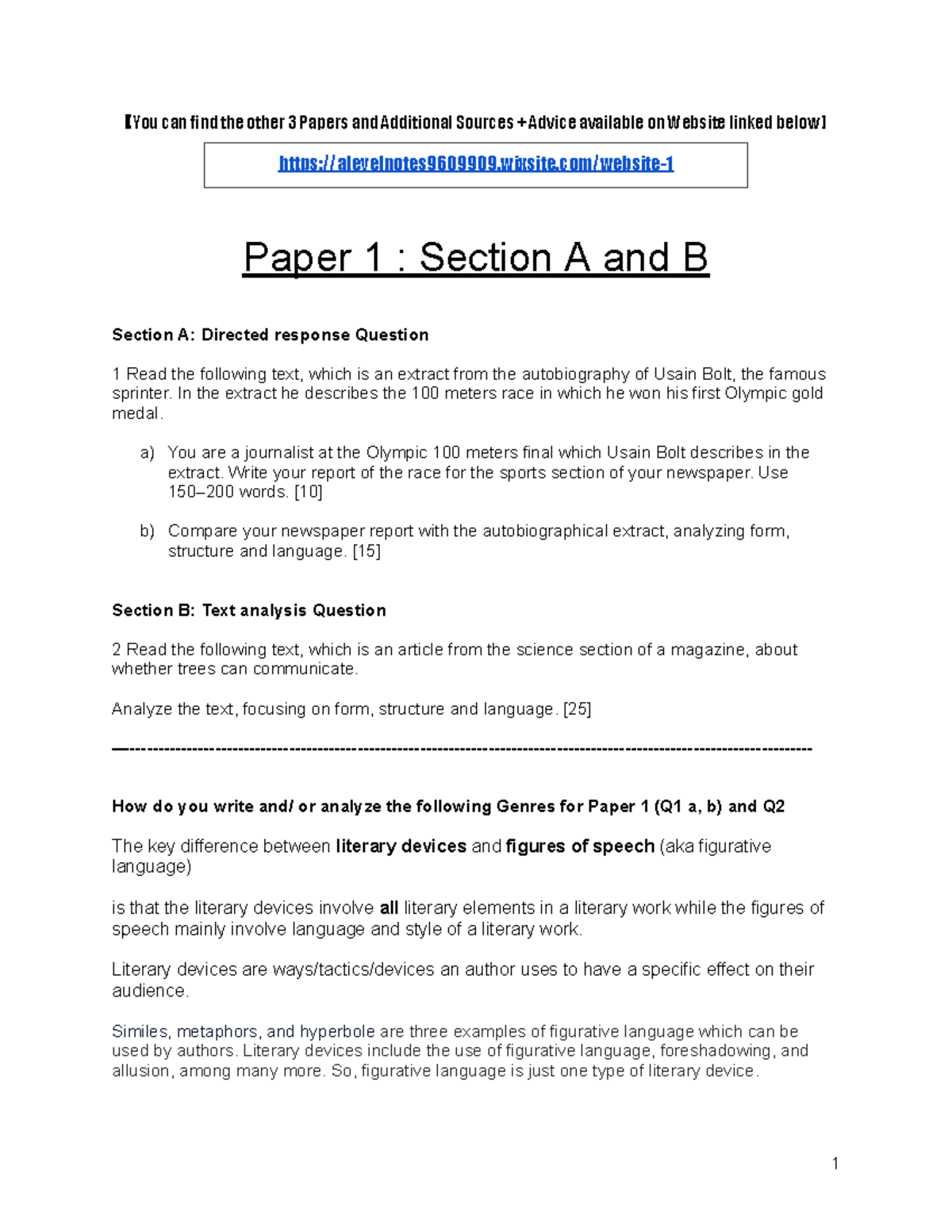 Paper 1: Comparative Analysis of Texts in Sections A & B - Studocu