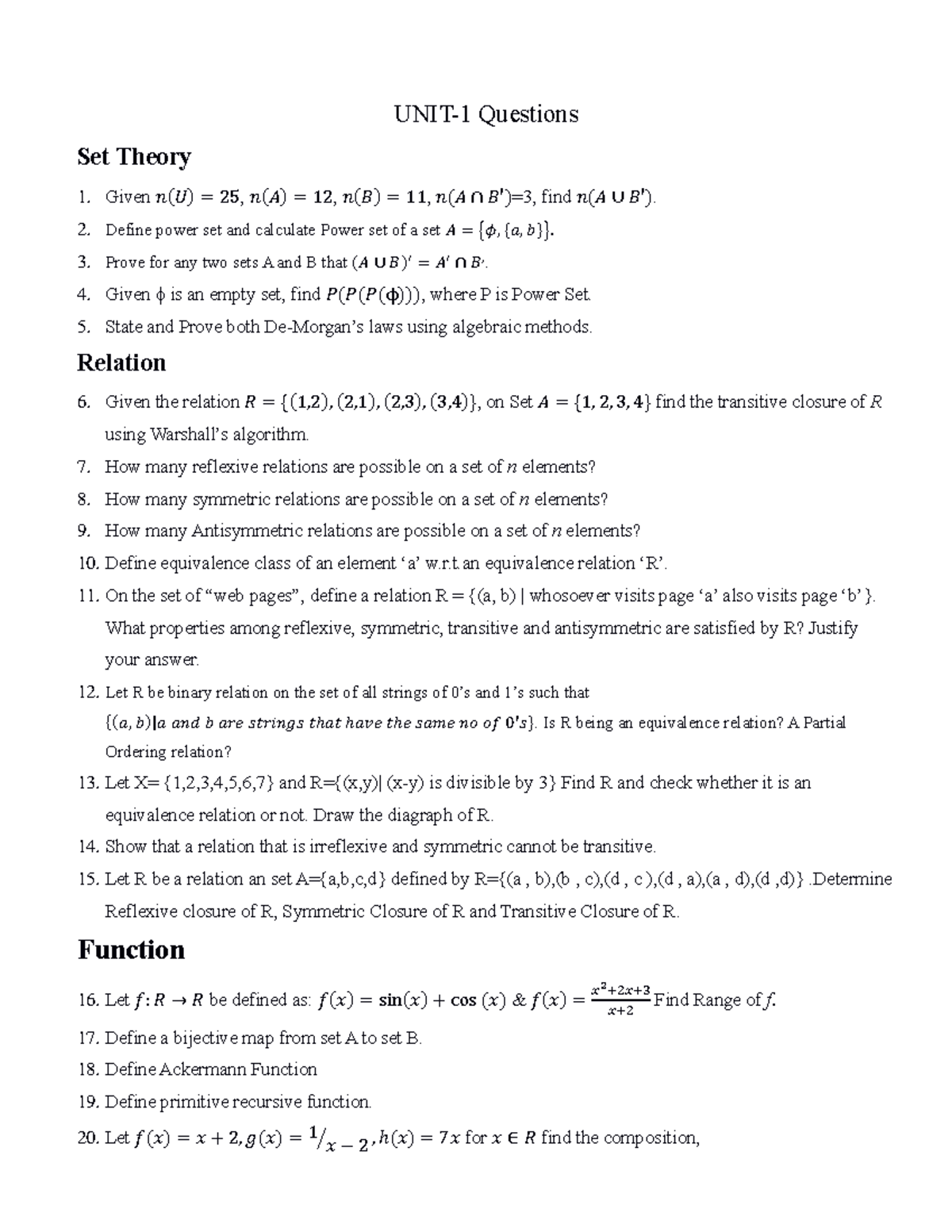 DSTL Question Bank: Set Theory, Relations, Functions & PMI Topics - Studocu
