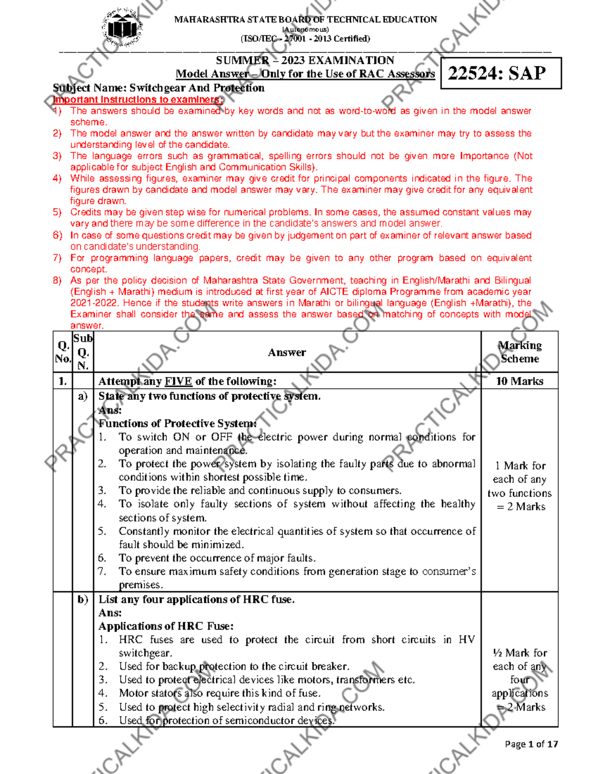 Switchgear and Protection 22524: Summer 2023 Model Answer Paper - Studocu