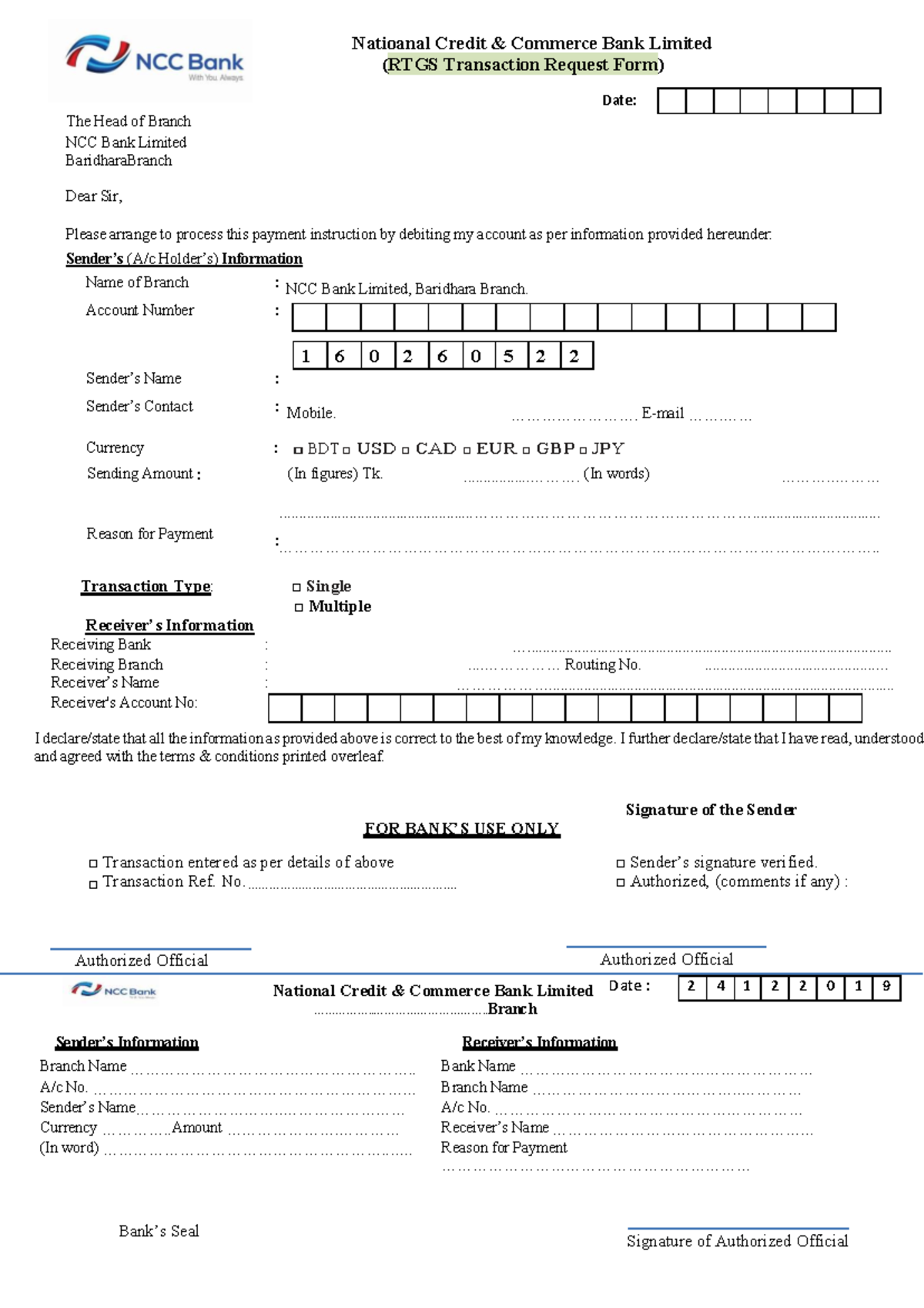NCC Bank RTGS Transaction Request Form - Payment Instructions - Studocu