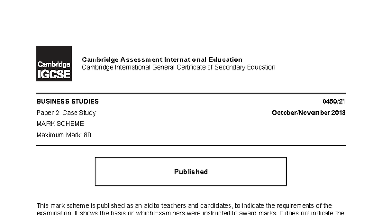 Cambridge IGCSE Business Studies 0450/21 Case Study Mark Scheme 2018 - Studocu