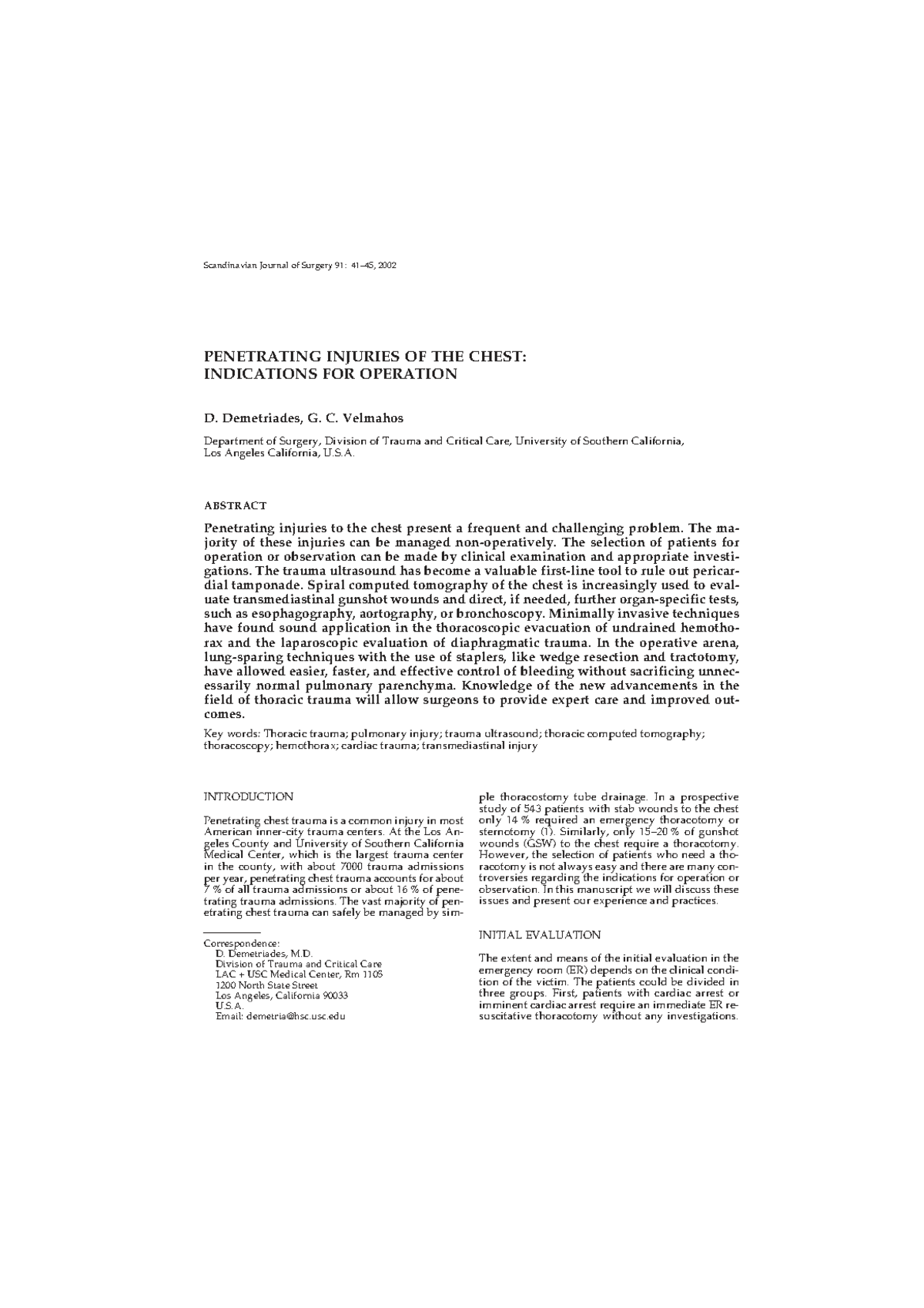 Demetriades & Velmahos 2002: Indications for Operation in Chest Trauma ...