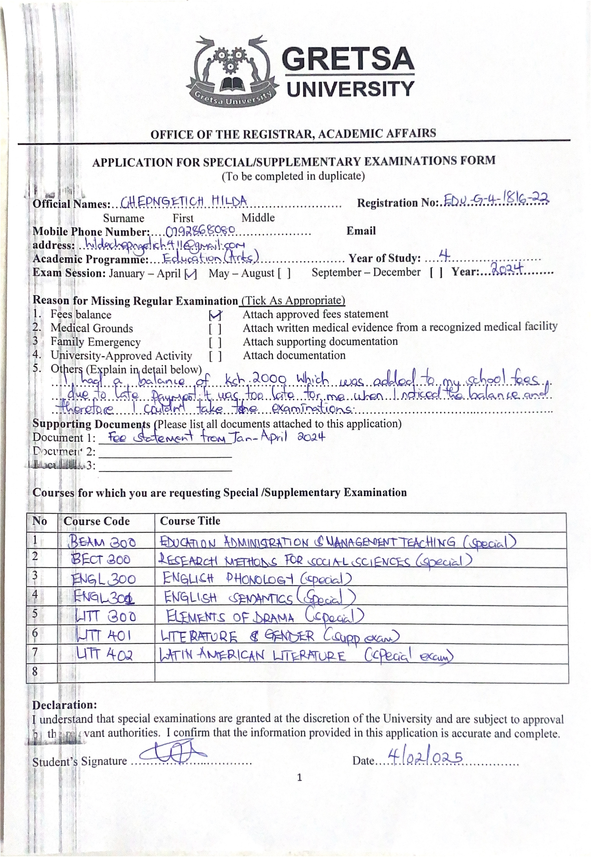 Application form 2 - None - GRETSA UNIVERSITY Gretsa University OFFICE ...