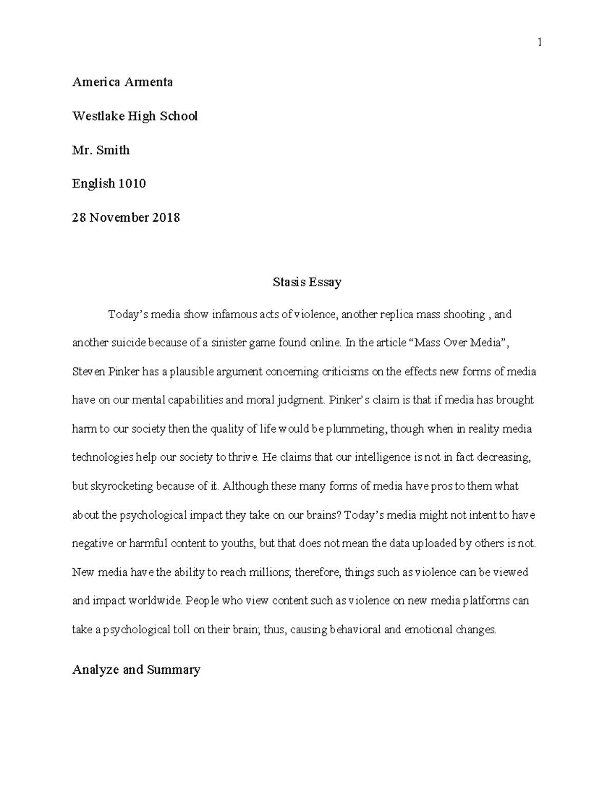 English 1010 Stasis Essay: Analyzing Media's Psychological Impact - Studocu