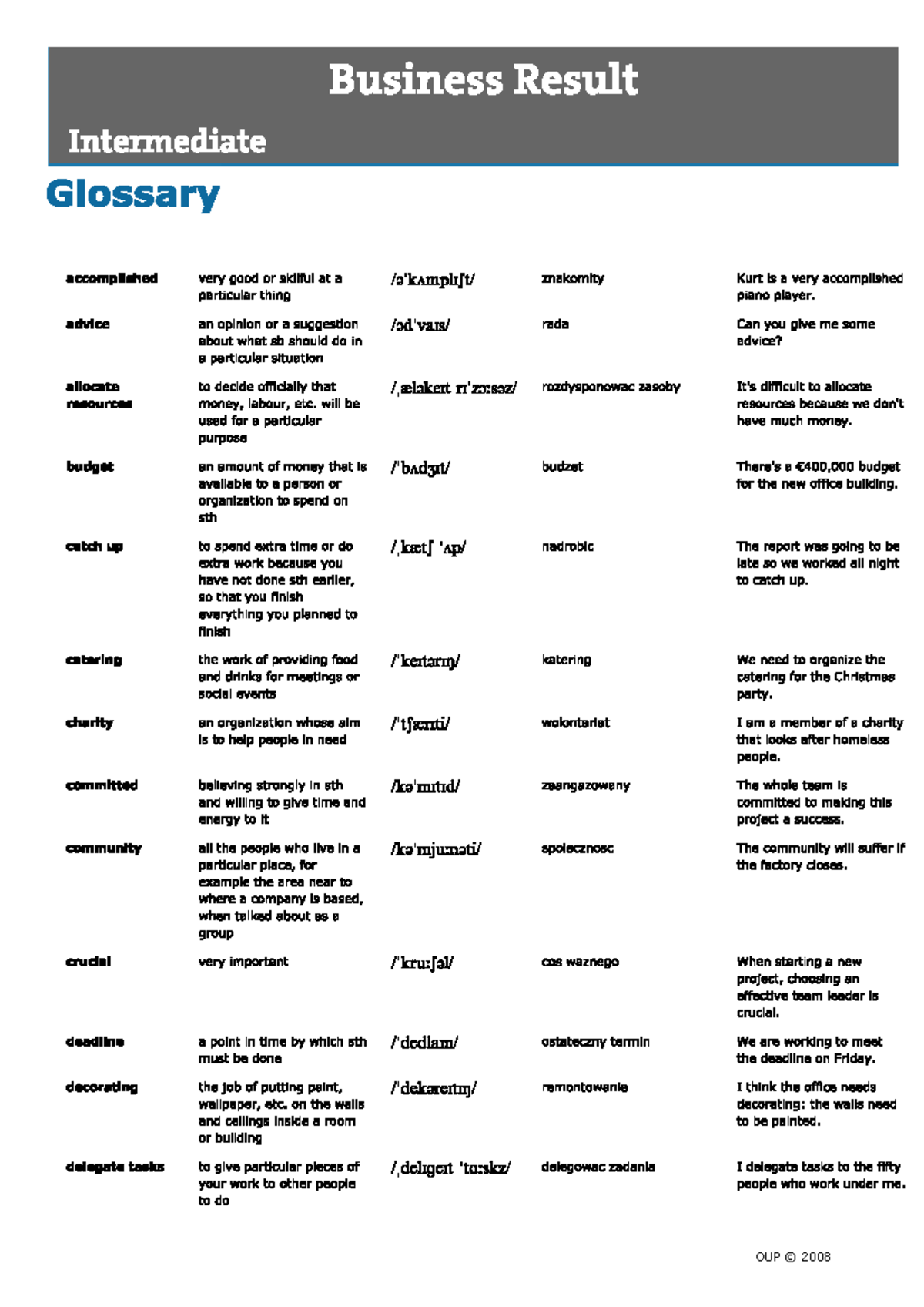 Business Result Intermediate Glossary - Unit 2 Exercises - Studocu