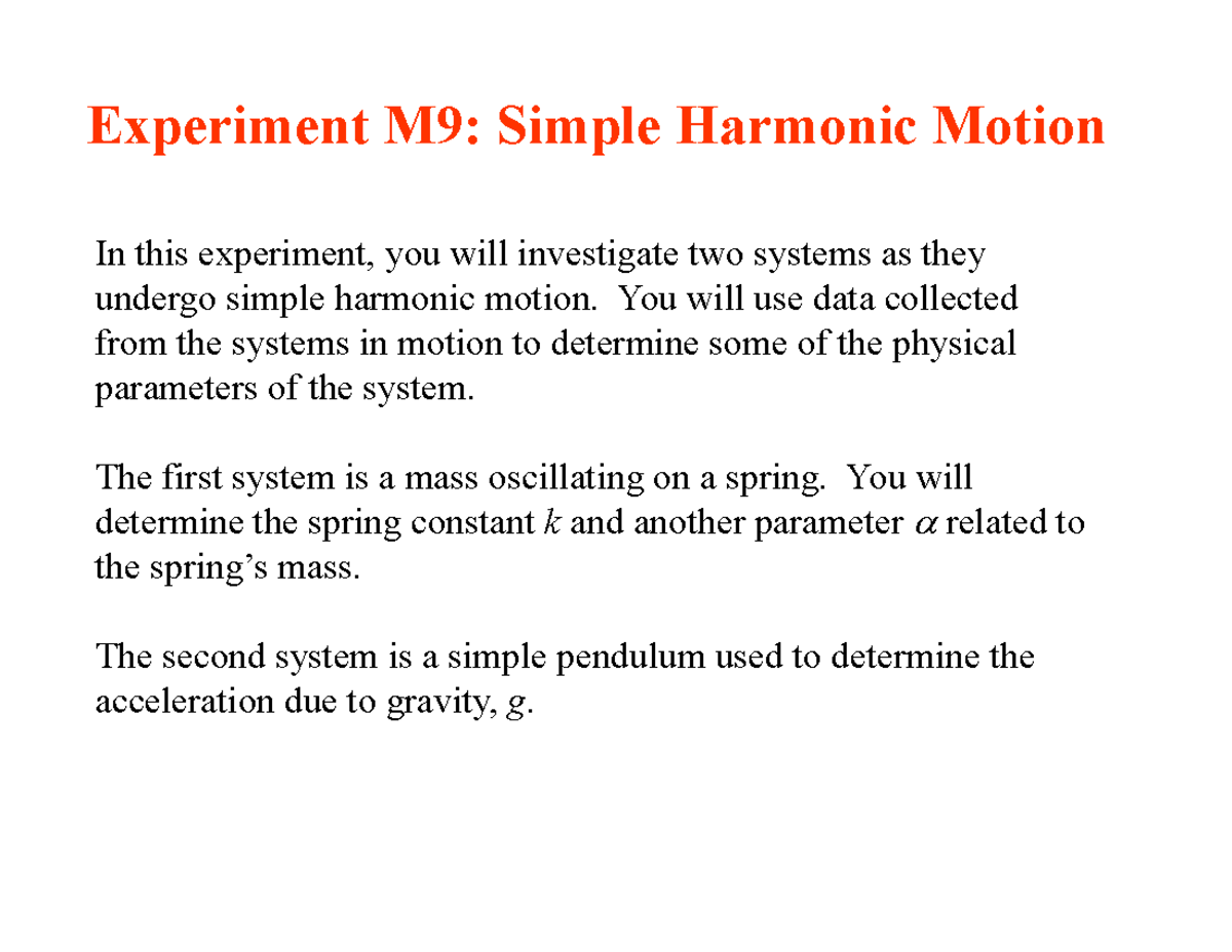 Phy 151 M9: Experiment on Simple Harmonic Motion Analysis - Studocu