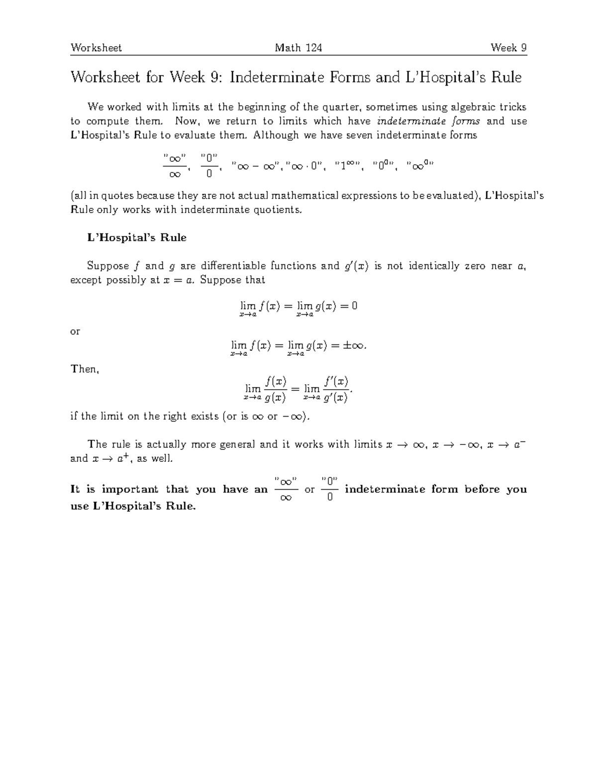 124ws9 - Week 9 Worksheet on Indeterminate Forms & L'Hospital's Rule ...