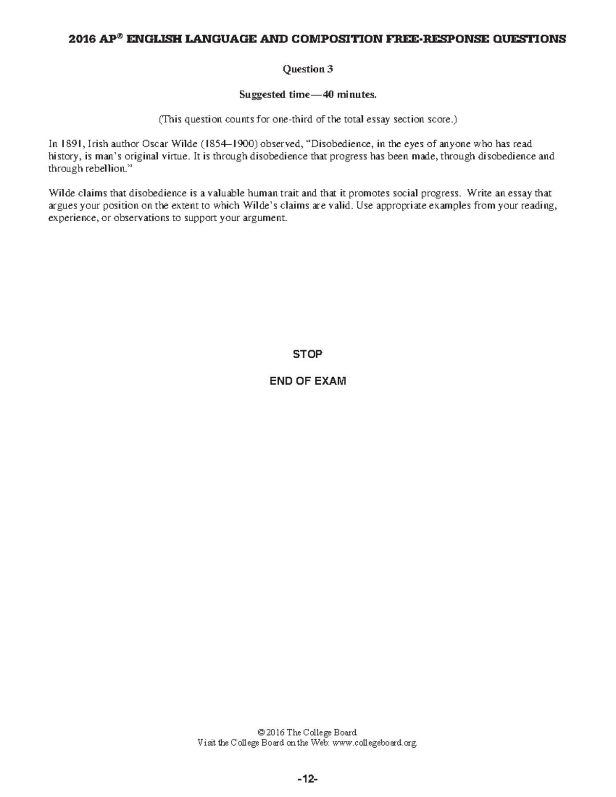 AP English Language and Composition 2016 Free-Response Questions ...