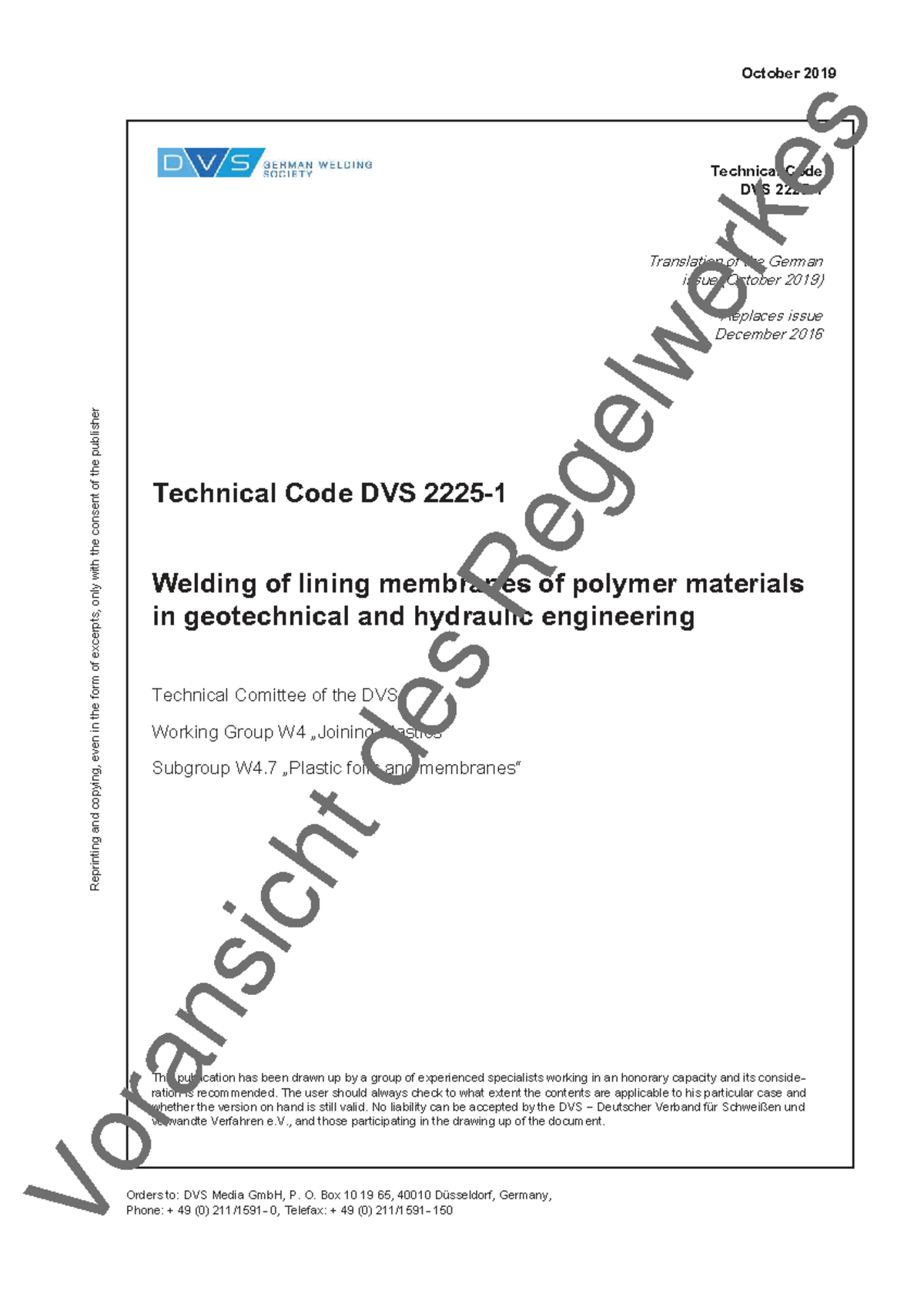 DVS 2225-1:2019 Guidelines for Welding Membranes in Geotechnics - Studocu